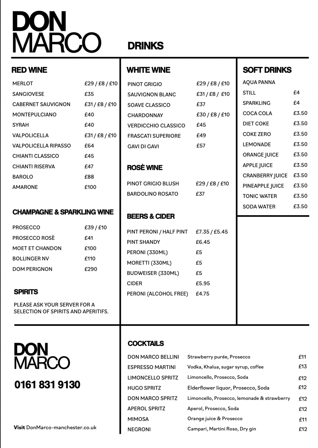 Menus – Don Marco Manchester